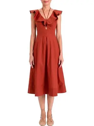 TWINSET Stretch Cotton Midi Dress With Ruffled Neckline - Brown