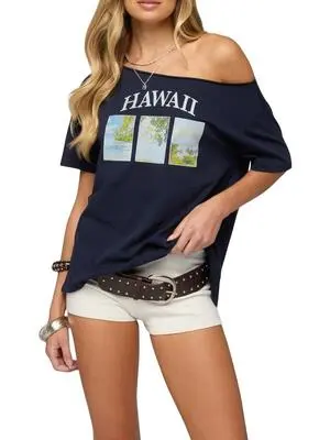 EDIKTED Off-the-shoulder Graphic T-shirt - Navy