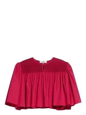 CHLOÉ Chloé Cropped Smocked Yoke Cotton Poplin Top With Puff Shoulders