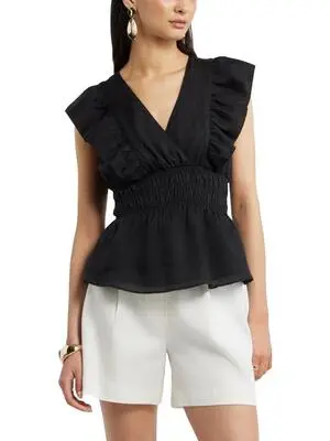 Nordstrom Smocked Waist Flutter Sleeve Peplum Top - Black