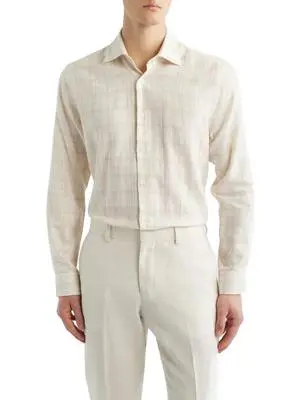 JACK VICTOR Edgemont Plaid Cotton & Linen Button-up Shirt - Tan