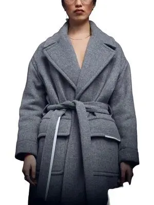 Caalo Sustainable Wool Down Coat With Belted Waist And Built-in Scarf - Gray