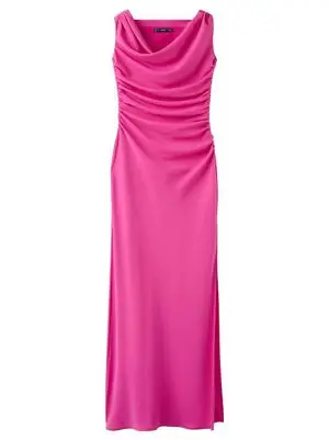 Mango One-shoulder Ruched Maxi Dress With Side Slit - Fuchsia
