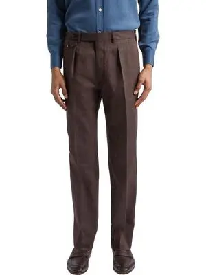 J. MUESER Waverly Single Pleat Tapered Cotton & Linen Trousers - Brown