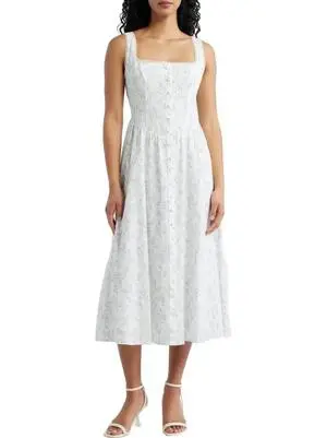 Lulus Becca Ditsy Floral Swiss Dot A-line Midi Dress - Mint/blue Multi