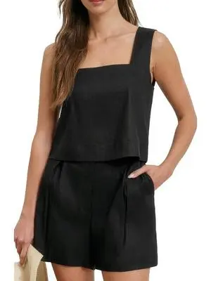 FAVORITE DAUGHTER The Abby Linen Blend Square Neck Crop Shell - Black