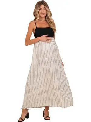PINKBLUSH Maternity Maxi Dress With Spaghetti Straps And Vertical Stripes - Black
