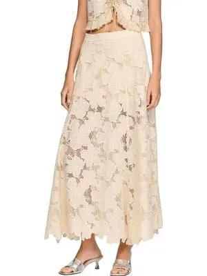 Sandro Long Floral Guipure Flared Skirt - Ecru