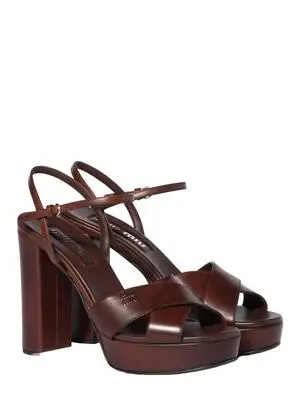 Miu Miu Leather Platform Sandals With Embossed Logo - Coffee