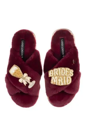 LAINES LONDON Classic Faux Fur Slippers With Embellished Brooches - Red