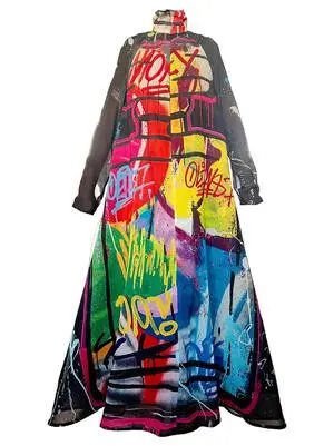 MAXJENNY A-line Maxi Dress With Street Art Print And High Collar - Blue/red