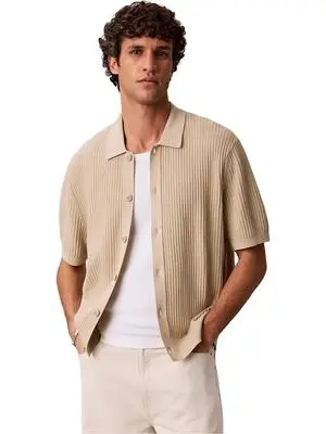 Calvin Klein Ribbed Knit Short Sleeve Button-down Shirt - White Pepper