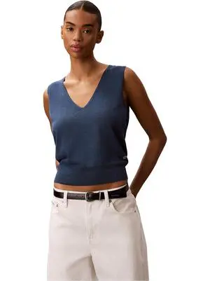 Calvin Klein Linen Blend V-neck Cropped Tank Top - Dark Denim