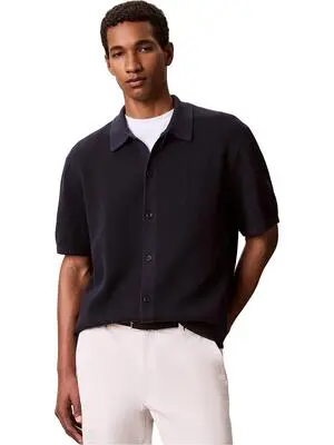 Calvin Klein Mesh Stitch Button-down Short Sleeve Sweater - Dark Sapphire