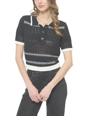 Central Park West Nautical Knit Polo Shirt - Black-stripe