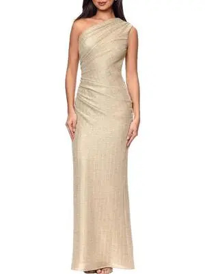 Betsy & Adam Metallic One-shoulder Gown - Silver/gold