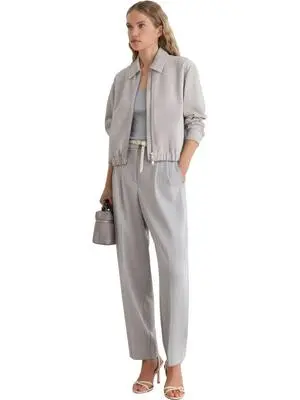 REISS Cropped Suede Bomber Jacket - Light Grey