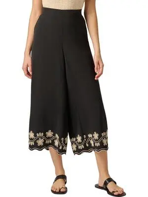 Adrianna Papell Scalloped Floral Embroidery Cropped Pants - Black/ivory