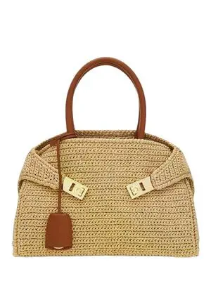 FERRAGAMO Ferragamo Hug Handbag In Raffia And Calfskin Neutrals