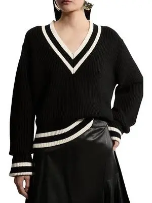 Karen Millen Cotton V-neck Boxy Jumper - Black