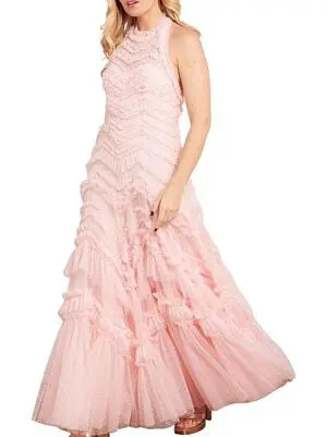 NEEDLE & THREAD Elia Halter Neck Ruffle Tulle Maxi Gown - Seashell