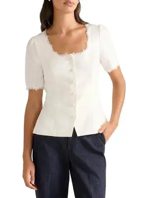 EVER NEW Thea Tailored Linen Top With Lace Trim - Porcelain