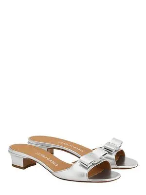 FERRAGAMO Leather Bow Detail Slide Sandals - Silver