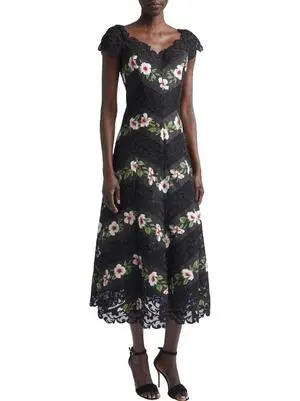 OSCAR DE LA RENTA Oscar De La Renta Chiné Hibiscus Stripe Faille Midi Dress