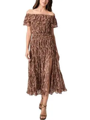Paige Alistar Print Ruffle Off The Shoulder Silk Midi Dress - Oak Multi