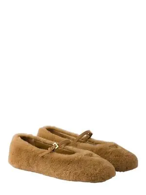 Prada Shearling Ballerina Flats With Buckle Detail - Brown