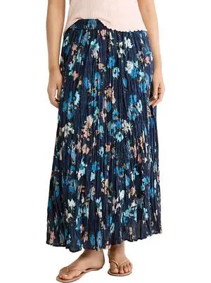 NIC+ZOE Crinkle Floral Print Midi Skirt - Indigo Multi