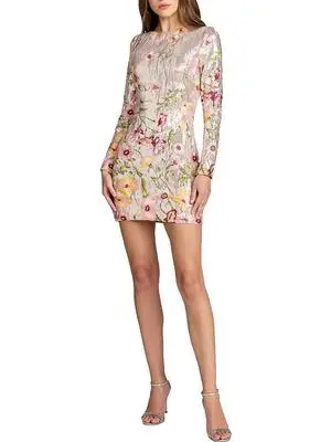 Mac Duggal Long Sleeve Floral Embroidered Sequin Mini Dress - Silver Multi