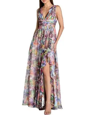 Mac Duggal Sleeveless Printed Chiffon V-neck Gown - Multi