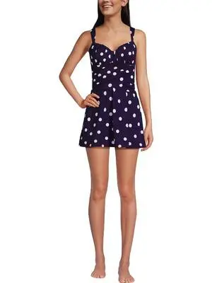 LANDS' END Slenderlite Sweetheart Shirred Swim Dress - Blackberry Polka Dot