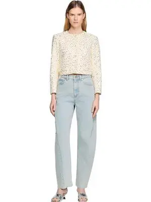 Sandro Cropped Sequinned Cotton Jacket - Ecru