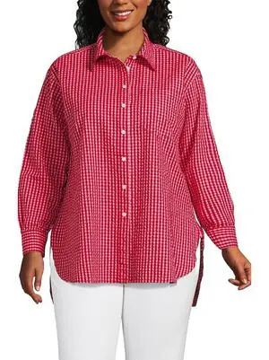 LANDS' END Seersucker Oversized Button-up Shirt - Compass Red/pink Gingham