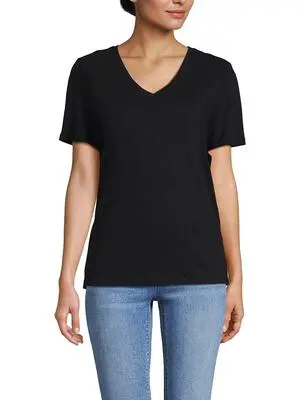 LANDS' END Lands' End Short Sleeve V-Neck Linen Blend Tee Black