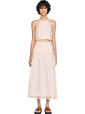 Sandro Cotton Maxi Skirt With Lace Trim - Light Pink