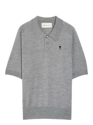 AMI Paris Logo-embroidered Wool Polo Shirt - Grey