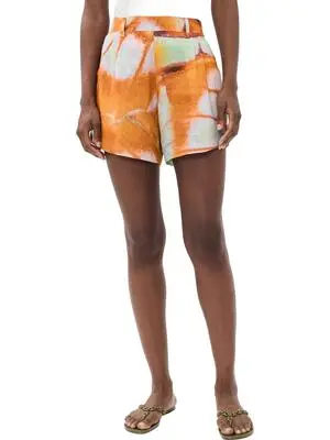VITAMIN A The Getaway Shorts In Abstract Print Linen - Malachite Butterfly