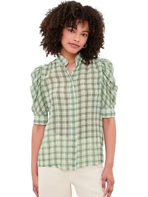 FRAME Gillian Plaid Silk Puff Sleeve Top - Jade Green Plaid