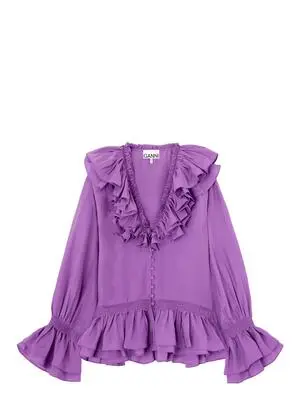 GANNI GANNI V-Neck Blouse With Front Ties Bright Violet