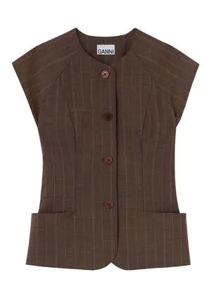 GANNI V-neck Button-front Blouse With Pinstripe Wool - Brown