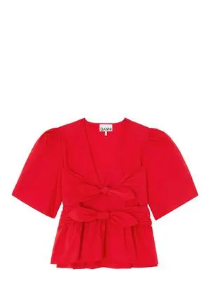 GANNI Satin Tie-front Blouse - Red