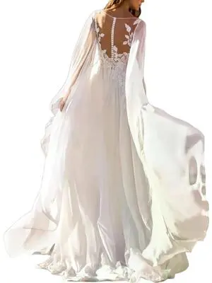 PRONOVIAS Lace-appliqué Cape-sleeve Maxi Dress - Neutrals