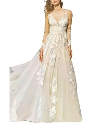 PRONOVIAS Floral Appliqué V-neck Dress - Neutrals