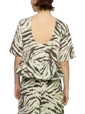 GANNI GANNI Zebra-Print Peplum Hem Blouse Neutrals