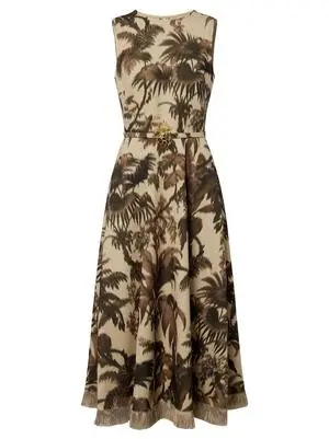 Oscar De La Renta Belted Fringed Printed Midi Dress - Beige