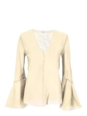 120% Lino Flared-sleeve V-neck Blouse - Neutrals