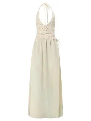 120% Lino Crochet-knit Halterneck Dress - Neutrals